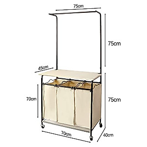 Rolling Laundry Sorter Cart with Wheels Heavy-Duty Laundry Hamper Sorter Cart with Ironing Board，3 Removable Bags, and Attached Steel Hanging Bar (Beige)