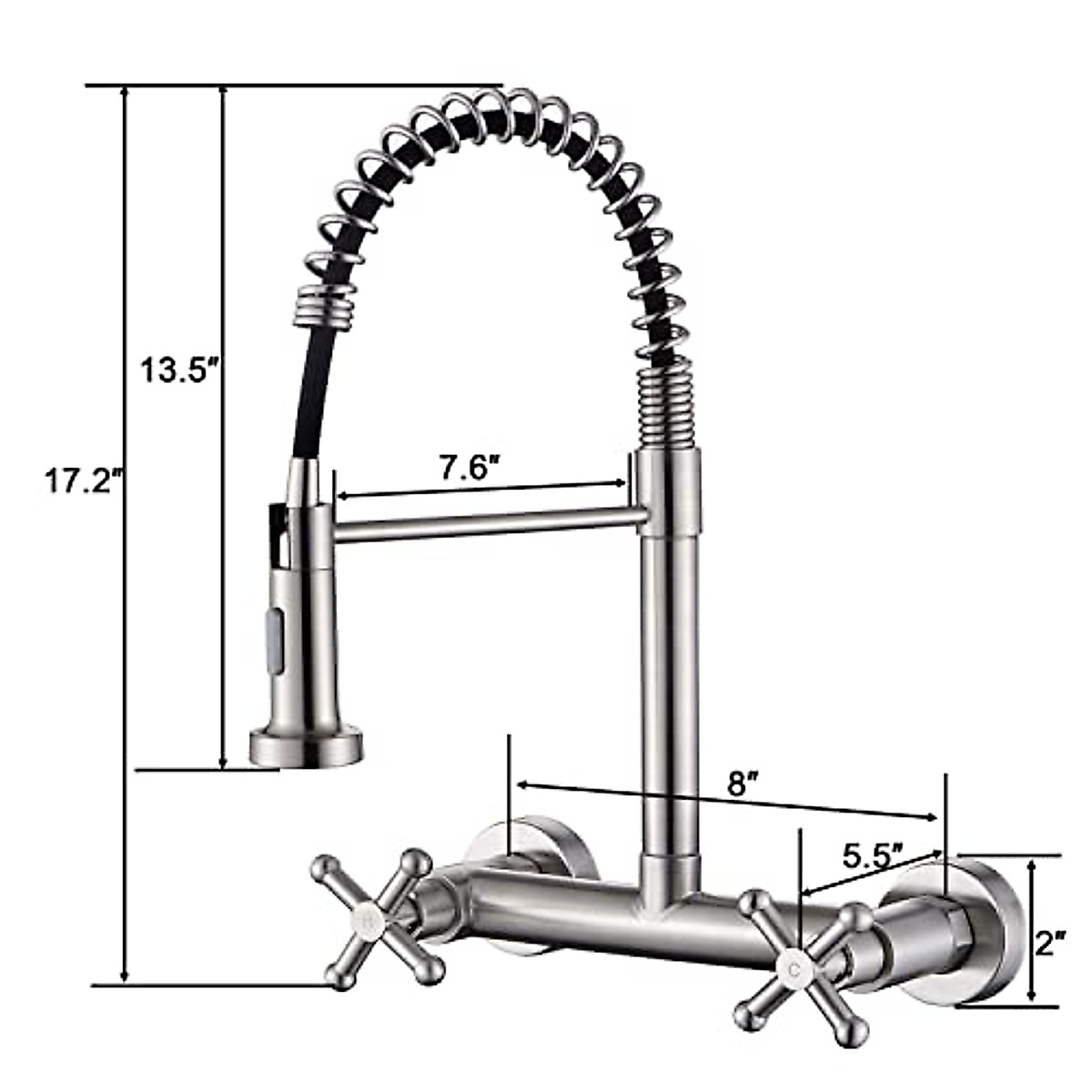 Wall Mount Kitchen Sink Faucet with Pull Out Sprayer Tow Function Commercial Spring Faucet 2 Industrial Handle High Arc Center Faucet, Brushed Finish