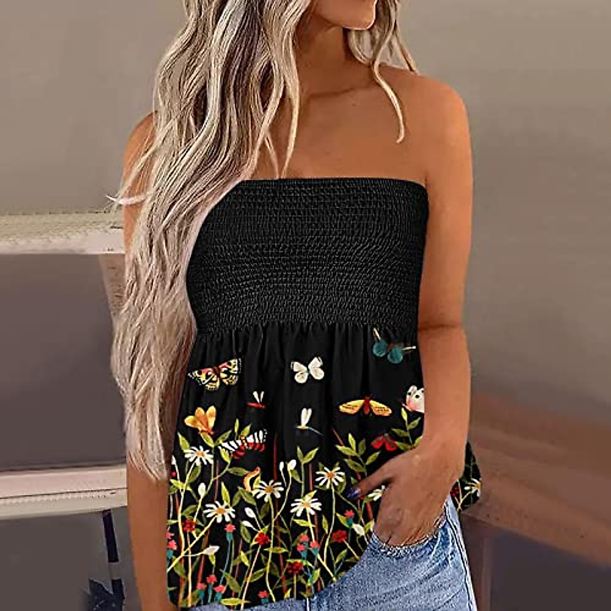 Tube Tops for Women Summer Gradient Color Strapless Sleeveless Flowy Pleated Blouse Tank Top Beach Shirt Bandeau Bras turquoise tops for women gauze shirts for women women's casual tops pink blouse