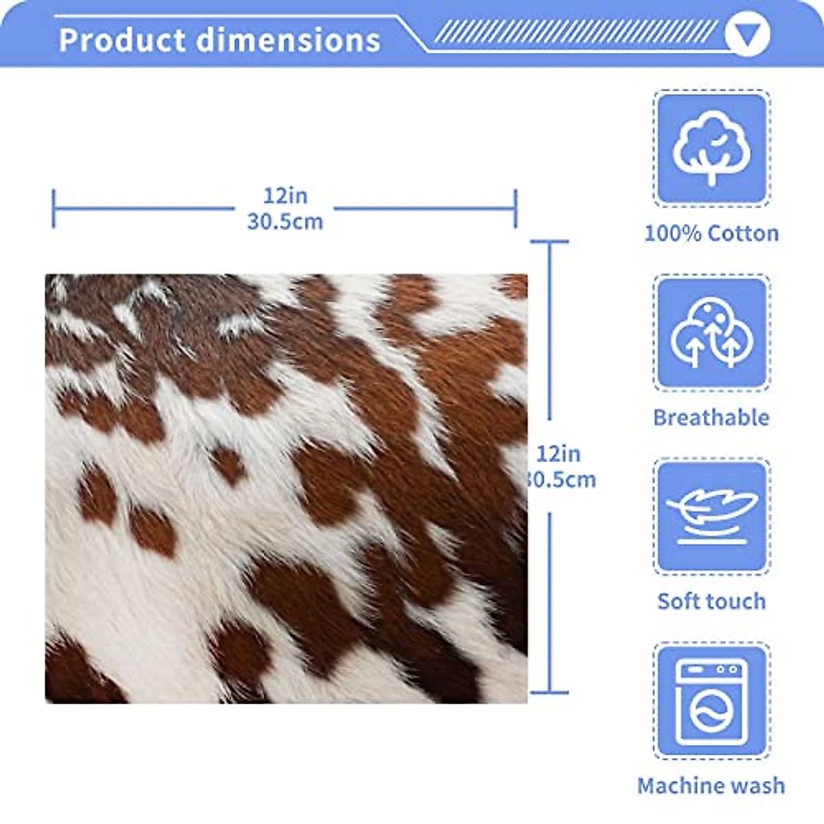 Cow Brown White Washcloth 12x12in Set, 4 Pack Absorbent Cotton Towel Square Kitchen Dishes Towels, Soft Cleaning Face Hand Towel Fast Drying
