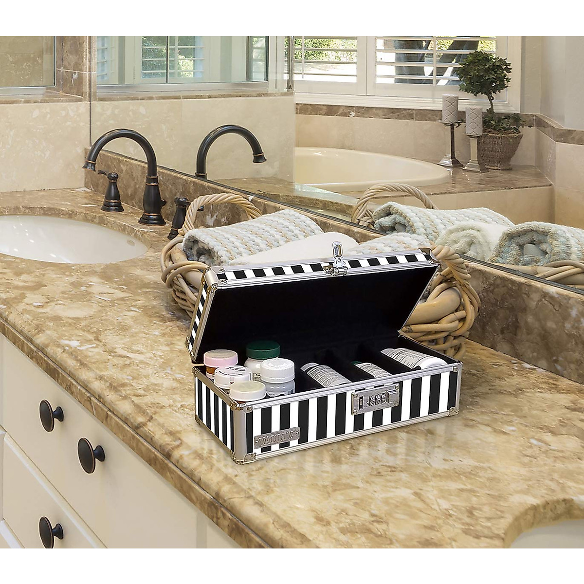 Vaultz Locking Medicine Storage Box with Combination Lock, 3.75" x 11.88" x 5.25", Black & White Stripe (VZ00345)
