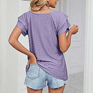 Spring and Summer New Short Sleeve V Neck Shrink Pleated Solid Color Loose Tee Shirt Top Purple