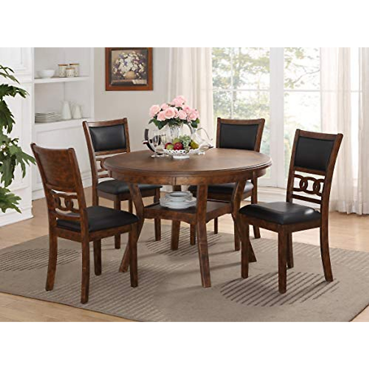 New Classic Furniture Gia 5-Piece Round Dining Set with 1 Dining Table and 4 Chairs, 47-Inch, Brown