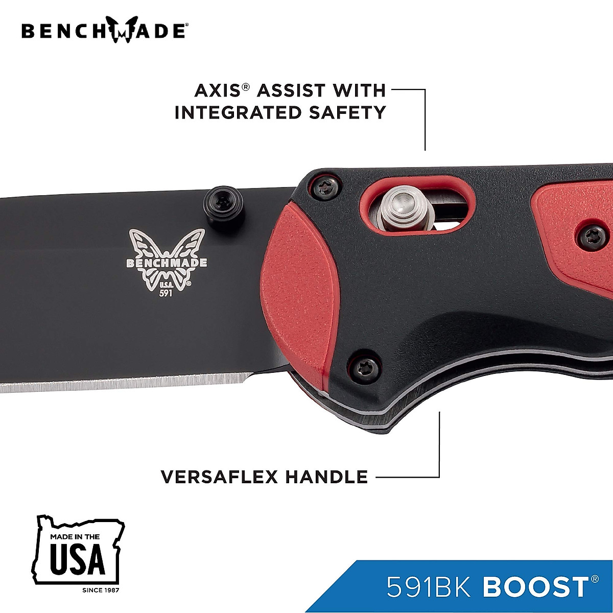 Benchmade - 591BK Boost Knife, Opposing Bevel Blade, Plain Edge, Black/Red Grivory Handle