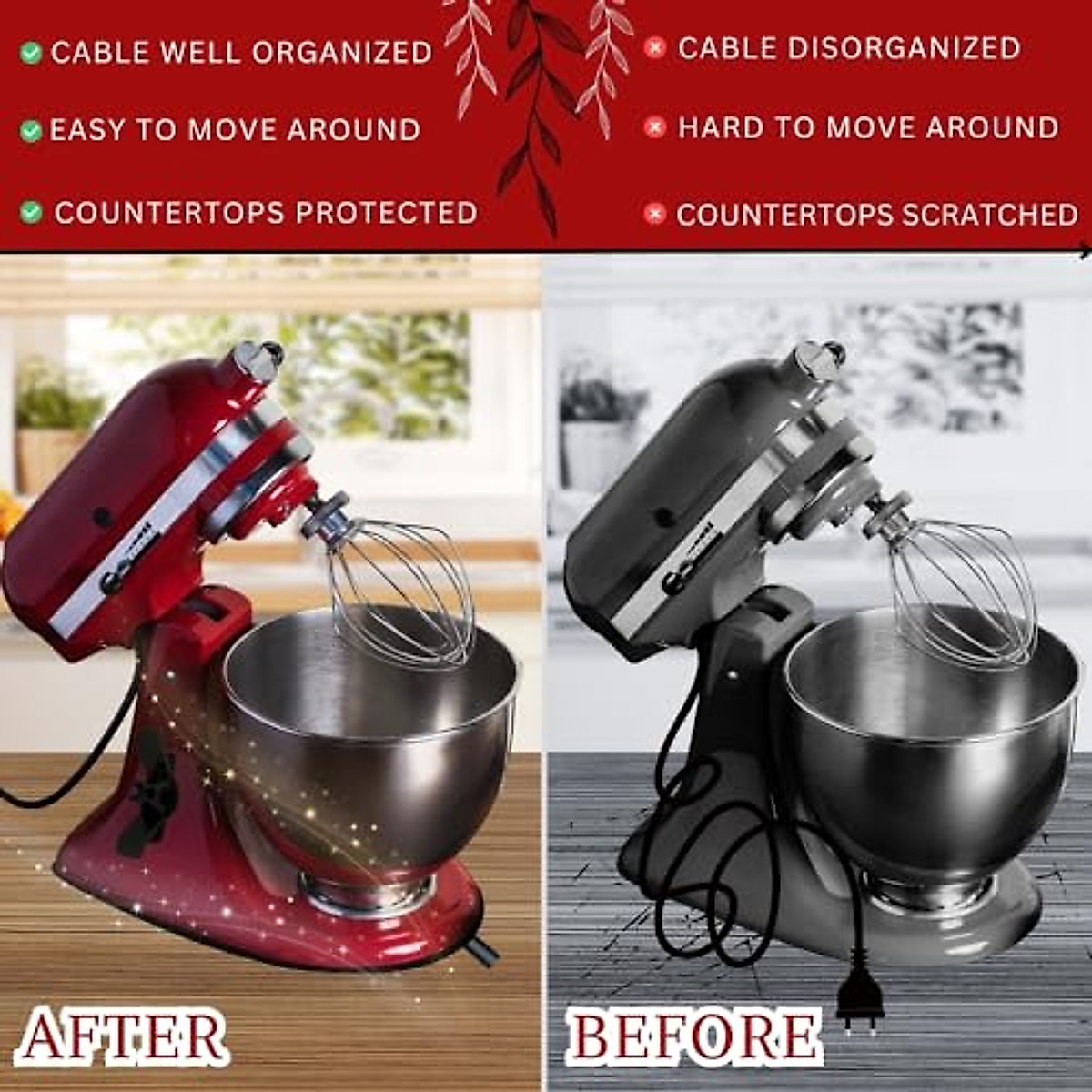 Heimn Sliding Mat and two Cord Organizers compatible with KitchenAid 4.5-5 Qt Tilt-Head Stand (4.5-5Qt Black Mat＋2xBlack Kitchen Accessories, 22x38-8.66x14.96")