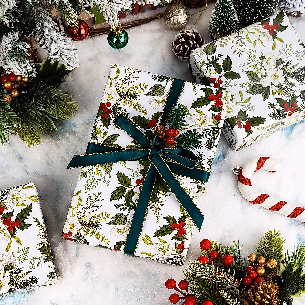 Merture Christmas Wrapping Paper Roll - 17 In X 32.8 Ft (46.5 sq.ft.ttl.) Elegant Christmas Gift Wrap with Watercolor Berry & Bloom Design for Christmas, Birthday, Valentines Day