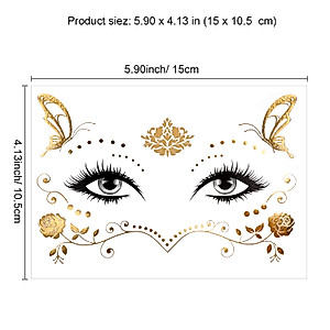Konsait 8 Sheets Face Tattoo Sticker Metallic Temporary Transfer Tattoo Waterproof Face Jewels for Women Girls Make Up Dancer Costume Parties, Shimmer Glitter Gold Tattoos,Butterfly Star Freckle Scale