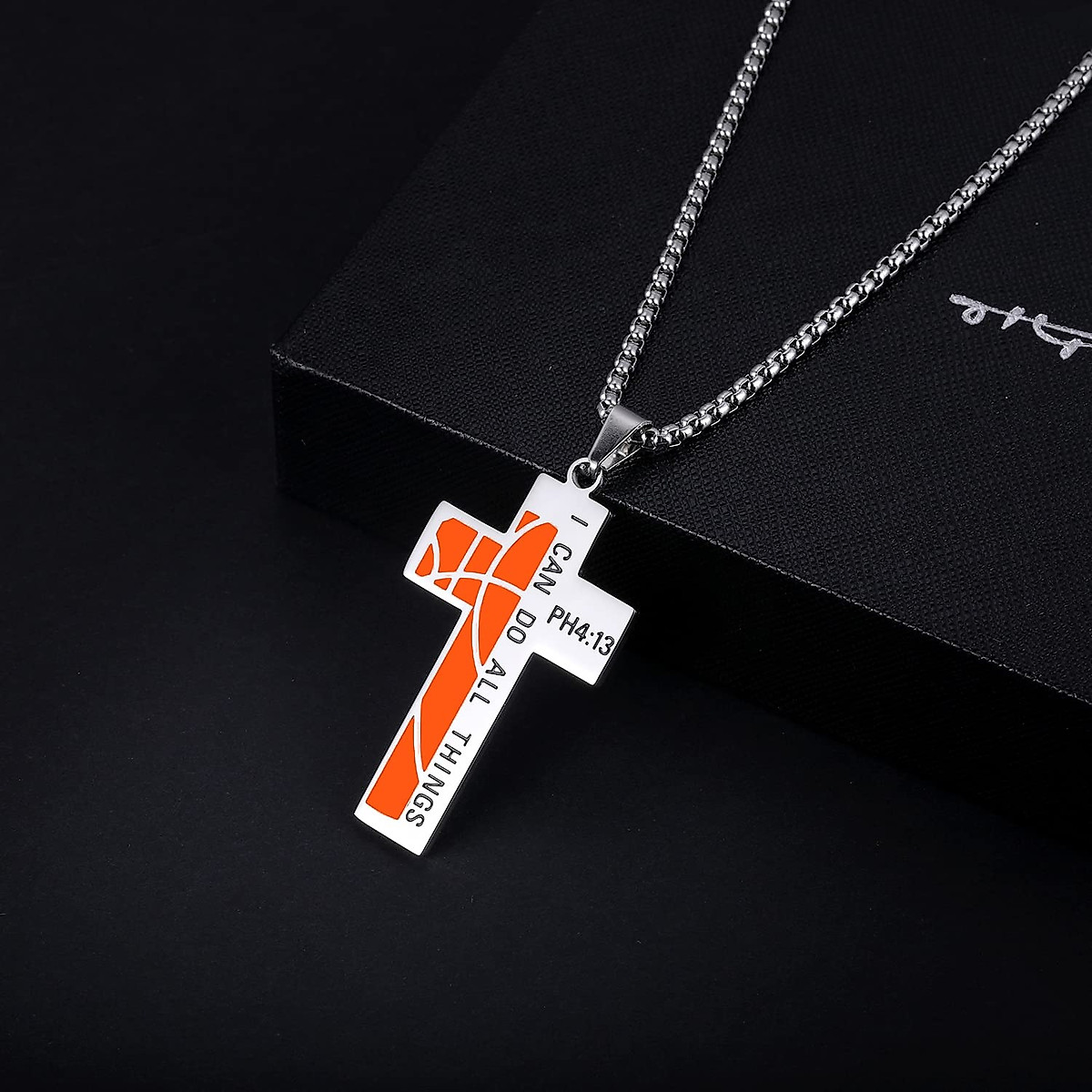Susook Basketball Cross Necklace for Men Bible Verse I CAN DO All Things Stainless Steel Sport Pendant for Men(Silver)
