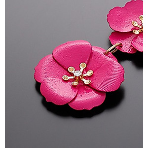 NVENF Flower Dangle Earrings for Women Tiered Petal with Crystal Center Triple Flowers Dangling Earring Fashion Jewelry Stud Drop Earrings(Hot Pink)