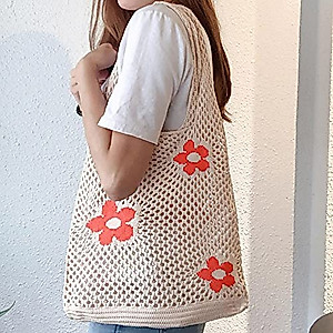 Nichalous Flower Crochet Tote Bag, Women Tourist Beach Handbag Aesthetic Hobo Bag Tote Bag Weaving Large Capacity Handbag（apricot）