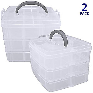 2 Pack - Stackable Craft Organizer Box, 3-Layer Small Storage Container Case, with Adjustable Compartments for Beads, Crafts, Jewelry, Fishing Tackle (5.75 x 5.75 x 5 inches)
