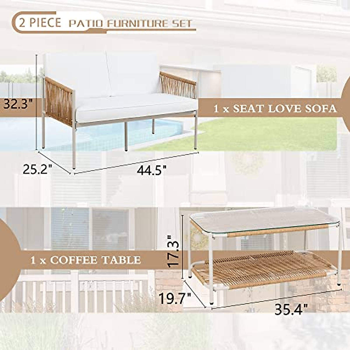 JAMFLY Patio Furniture 2 Piece Wicker Set, Outdoor Patio Furniture Rattan Conversation Set, All Weather Patio Set Loveseat Sofa for Backyard, Balcony, Porch with Soft Cushions and Glass Table