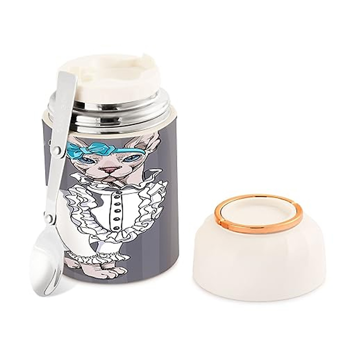CUPADA Fashion Sphynx Cat Food Jar, Funny Kitty Insulated Hot Food Jars Vacuum 17OZ with Folding Spoon for Work Trip Picnic Camping