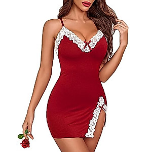 Avidlove Lingerie Women's Exotic Nightgowns Sexy Lace Lingerie for Women Shirt Dress for Women Sexy (Wine Red,S)