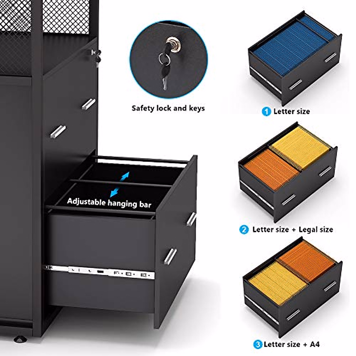 Tribesigns 2 Drawer Lateral File Cabinet with Lock, Letter/Legal / A4 Size, Large Modern Filing Cabinet Printer Stand with Metal Wire Open Storage Shelves for Home Office (Black)