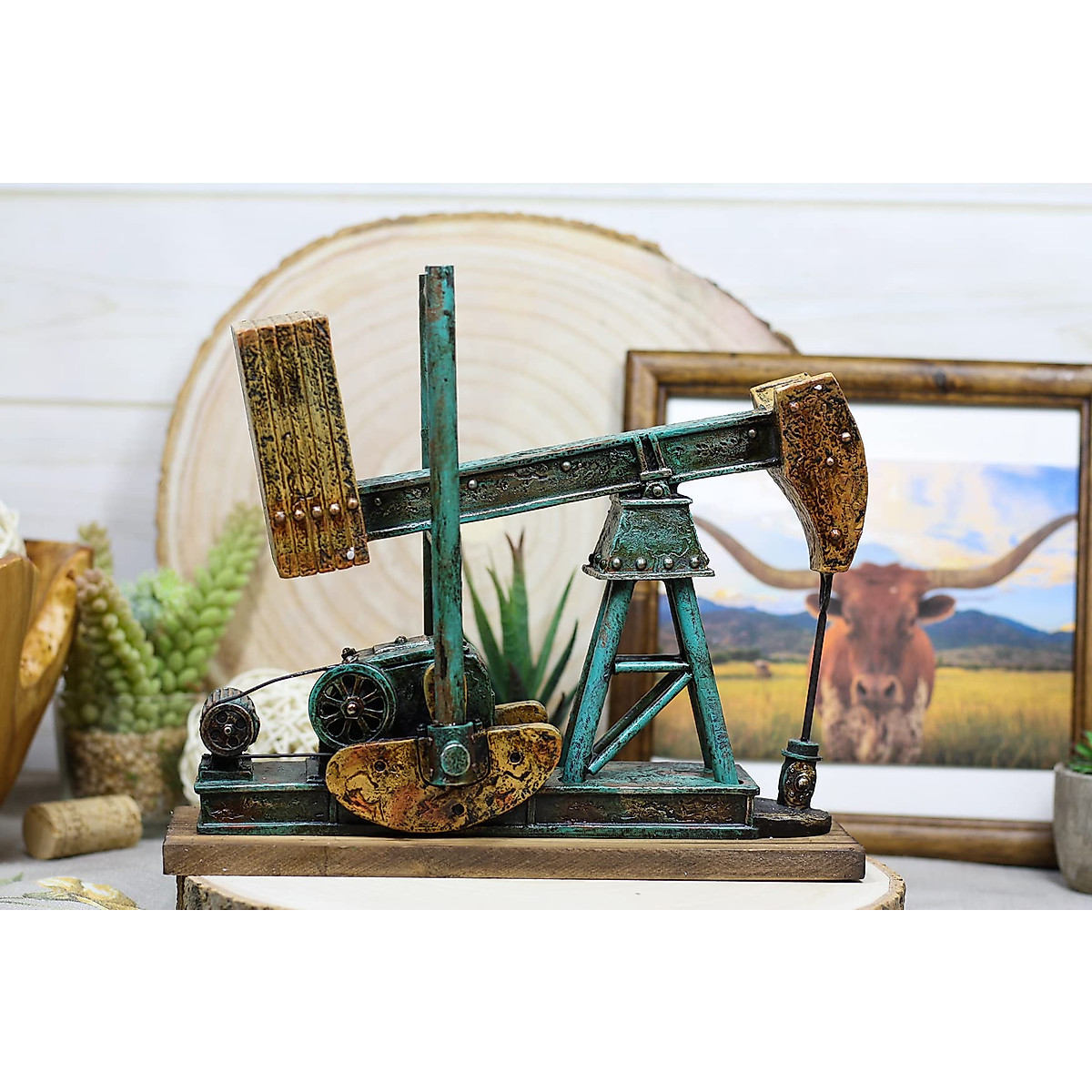 Ebros Gift Rustic Vintage Nodding Donkey Pumpjack Oil Derrick Rig Wine Bottle Holder Rack Caddy Statue Wild West Pumpjack Metal Platform Home Decor Sculptures
