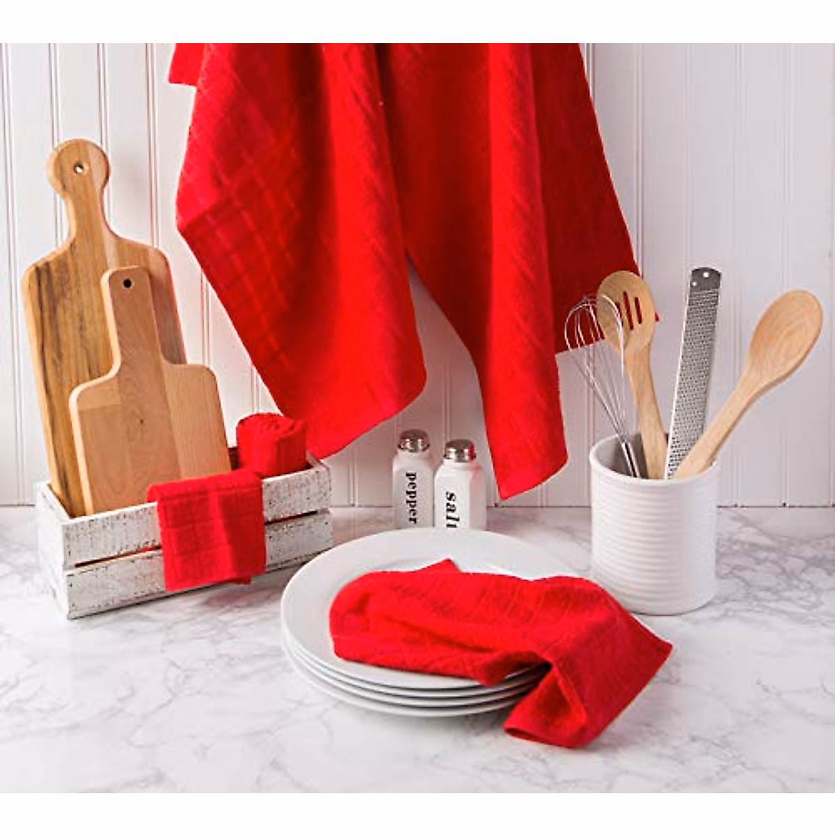 DII Basic Terry Collection Windowpane Dishtowel Set, 16x26, Red Solid, 4 Piece