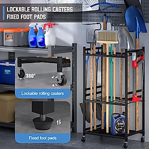 DAOUTIME Garden Tool Organizer with Wheels, Yard Tool Tower rack for Garage Organization and Storage, Up to 35 Long-Handled Tools, Sturdy Metal Steel Tool Holder with 3 Hooks, Outdoor, Black