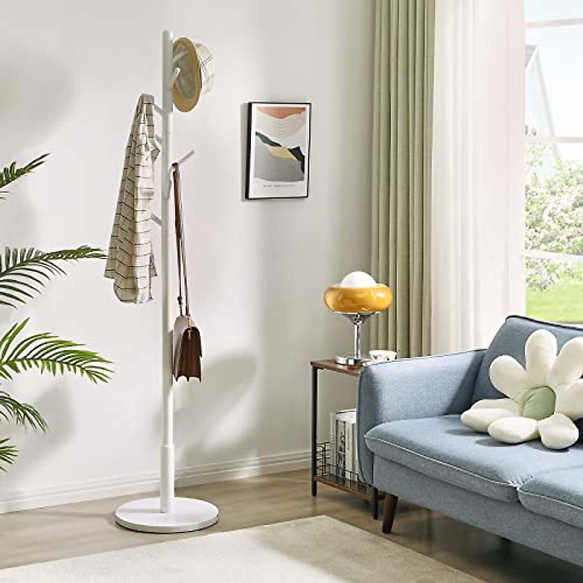 IBUYKE Coat Rack Stand, Freestanding Coat Tree with Solid Round Base and 8 Hooks, Easy Assembly Wooden Coat Hanger, Clothes Rack for Hallway Entryway, Living Room, Bedroom, Office, White WD-114
