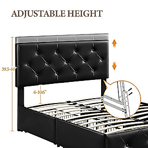 Yaheetech Upholstered Bed Frame with 4 Storage Drawers and Adjustable Headboard, Faux Leather Platform Bed Frame with Mattress Foundation, Strong Wooden Slats Support, No Box Spring Needed, Black-Full