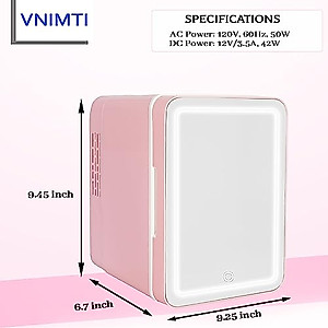 VNIMTI Mini Skincare Fridge 4 Liter/6 Cans, Portable Cosmetic Fridges with Makeup Mirror, Cooler & Warmer, AC & DC, Small Refrigerator for Bedroom, Car, Office, Outdoor (Pink - 4L)