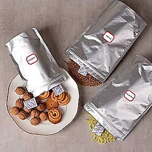 120 Mylar Bags for Food Storage with Oxygen Absorbers 300cc, 8 Mil 1Gallon 10"x14", 7.5"x11.5", 6"x9", 4.3"x6.3" Stand-Up Zipper Resealable Bags & Heat Sealable Food Storage Bags + Labels