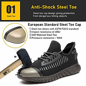 Furuian Steel Toe Shoes for Men Comfortable Safety Shoes Non Slip Steel Toe Sneakers Mens Work Shoes Black Size M12/W13.5