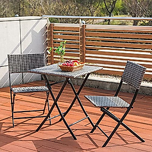 NURTUDIS 3pcs Folding Patio Bistro Set,Outdoor Rattan Bistro Table and Chairs,Wicker Outdoor Chair Furniture Set with 1 Table & 2 Chairs,No Assembly for Garden,Porch,Balcony,Courtyard,Lawn (Grey)
