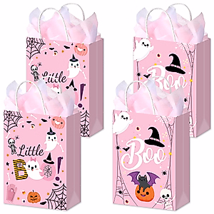 HABDJILTY 20PCS Pink Halloween Party Gift Bags,Little Boo Halloween Candy Treat Bags with Tissue Paper for Boo Theme Birthday Baby Shower Party Favor Supplies Gifts.