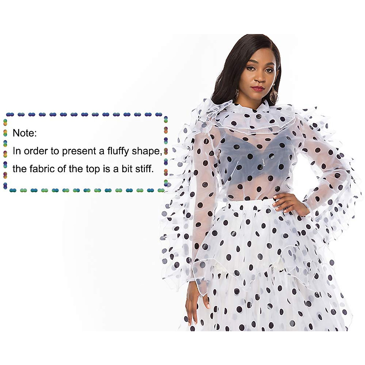 AOMEI Women's Polka Dot 2 Piece Sets Dress Transparent Ruffle Top Blouses Tulle Midi Puffy Skirt