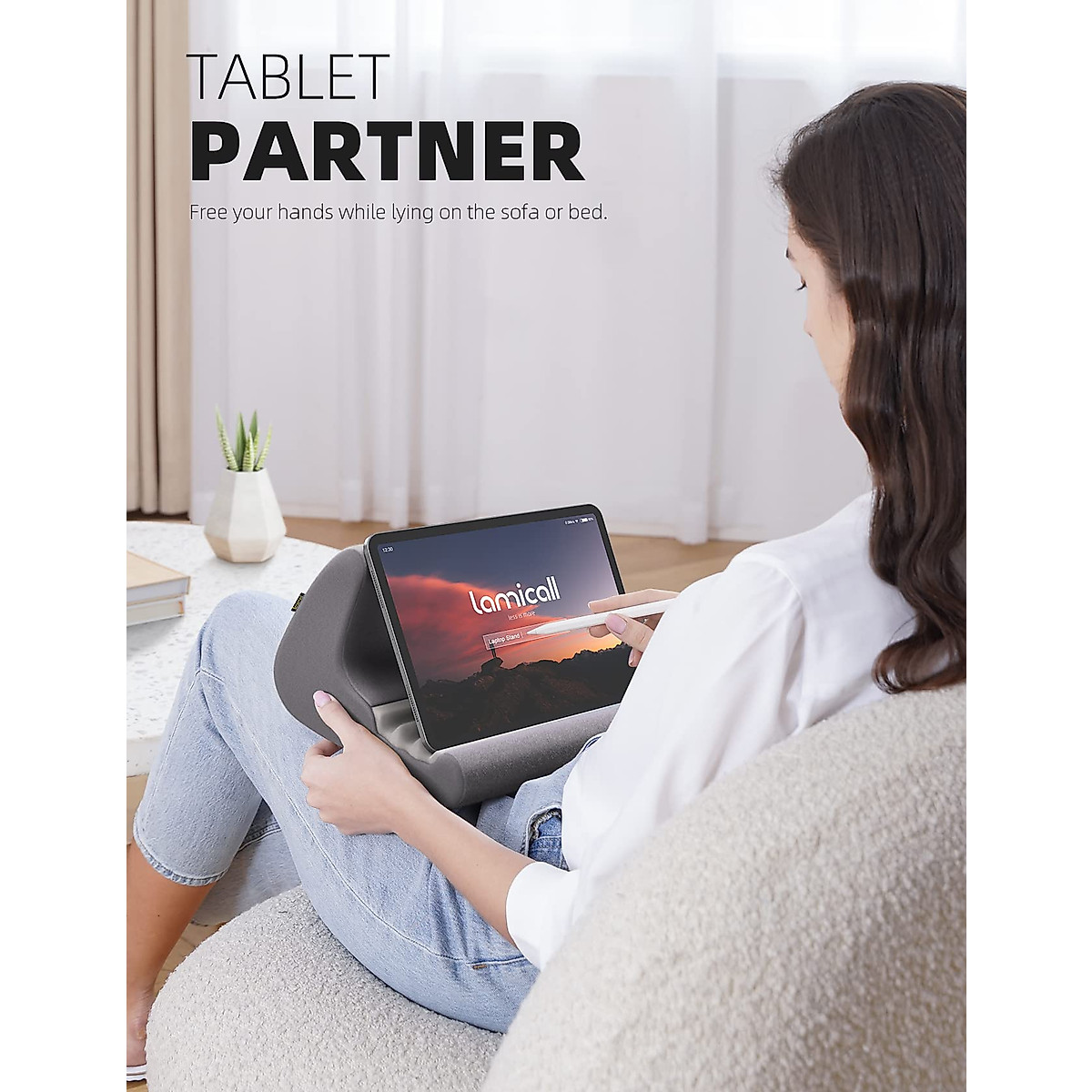 Lamicall Tablet Stand, Tablet Pillow Holder - Soft Pad for Bed, Lap Tablet Dock with Stylus Mount & Pocket, for iPad Pro 12.9, Air, Mini, Kindle, Galaxy Tab and 4-13" Tablet, Dark Grey
