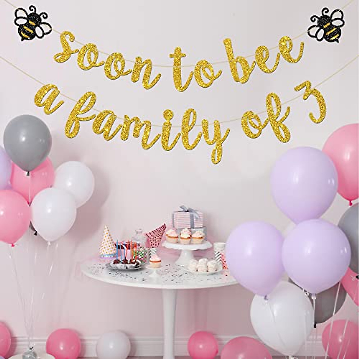 INNORU Soon to Bee a Family of Three Banner, Bumble Bee Theme Baby Shower Party Decorations, Mommy to Bee Daddy to Bee Party, Bee Pregnant Annountanct Party Decorations, Gold Glitter