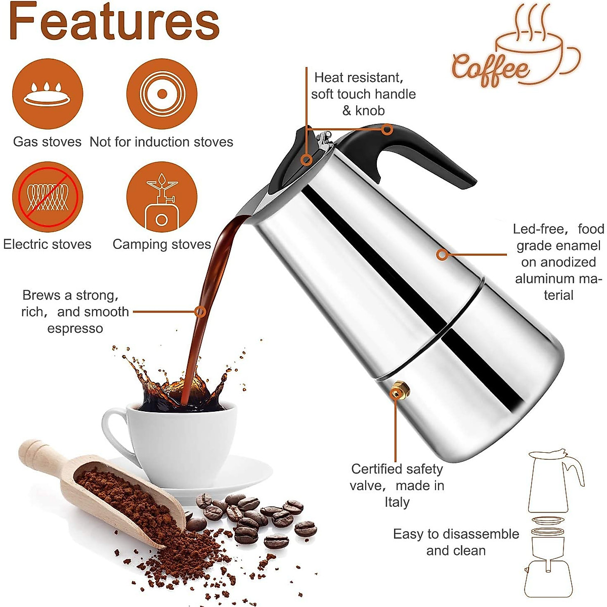Italian Coffee Maker Moka Pot - Stovetop Espresso Maker Stainless Steel Moka Pot Percolator Coffee Pot, Classic Italian Coffee Maker Expresso Coffee Brewer,Sutiable for Induction Cookers (6 cup pot)