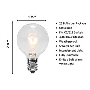 25 Pack Clear G40 Globe Light Bulbs for Patio String Lights Fits E12 and C7 Base 5 Watt 1.5 Inch Dimmable Light Bulbs G40 Replacement Bulbs for Patio Lights