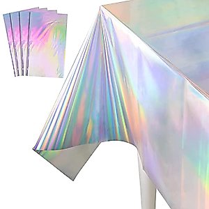 4 Pack Iridescence Plastic Tablecloths - Disposable Table Covers Shiny Rectangle Table Cloth Holographic Foil Iridescent Birthday Wedding Christmas Holiday Party Decorations 54x108 Inch (Laser)