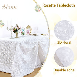 B-COOL White Table Cloth Rectangle 60 x102 Inches for Parties Rosette Wedding Tablecloth Party Table Decor Satin Floral Table Cover for Baby Shower Home Decorations