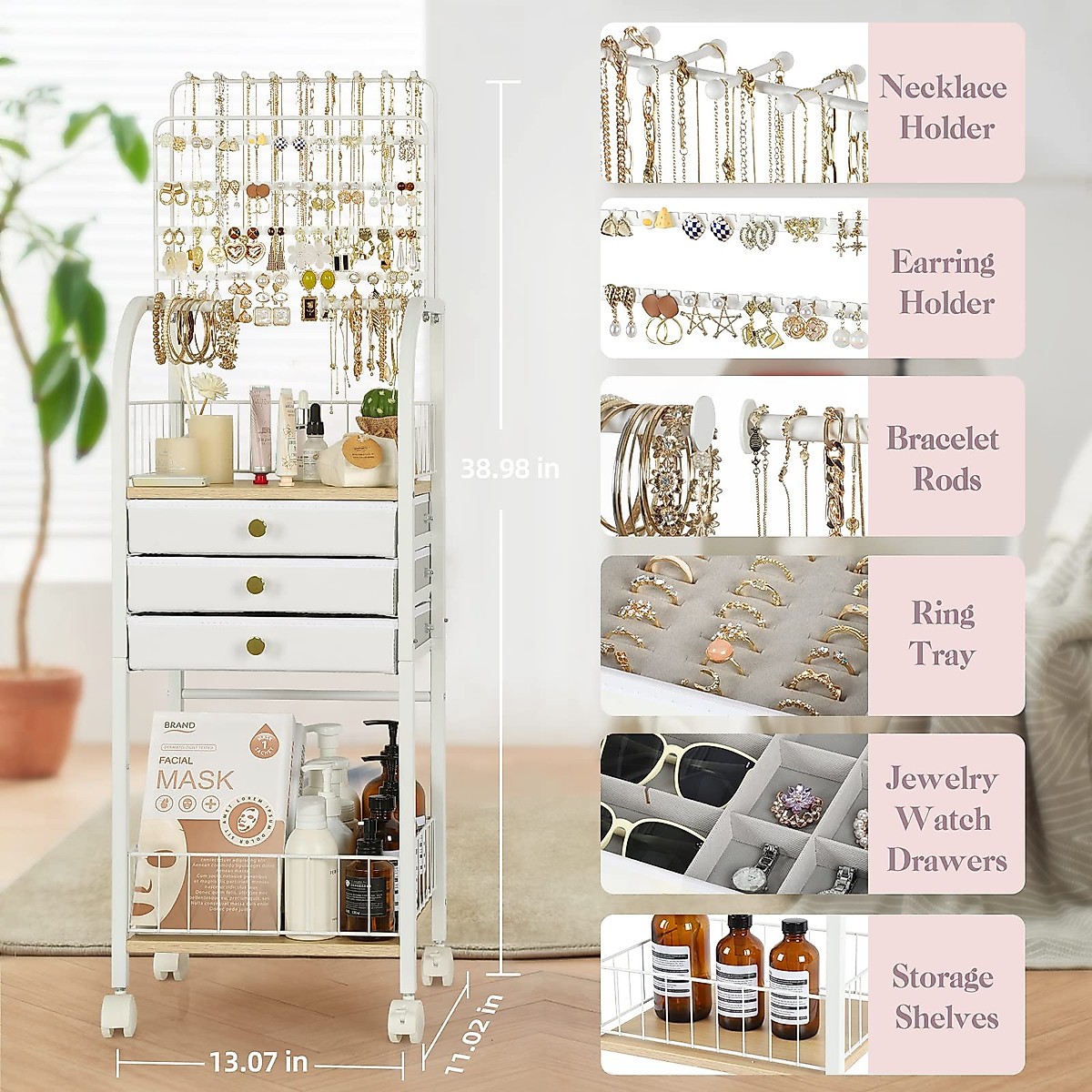 Keebofly Jewelry Organizer, Large Jewelry Stand with 3 Jewelry Box Drawer, Jewelry Holder Necklace Organizer Earring Storage Jewelry Armoire with Display for Earring Necklace Ring Bracelet