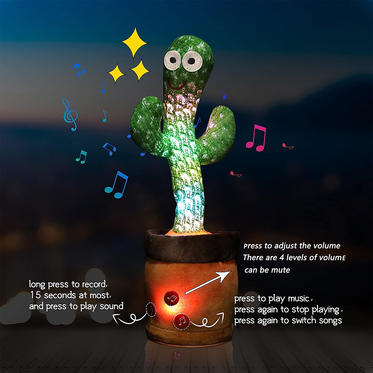 MIAODAM Volume Adjustable Dancing Cactus, Colorful Glowing Talking Cactus Toy, Repeating What You Say Cactus Toys Singing 120 Songs Cactus Plush Eletronic Baby Toys Funny Creative Kids Toy