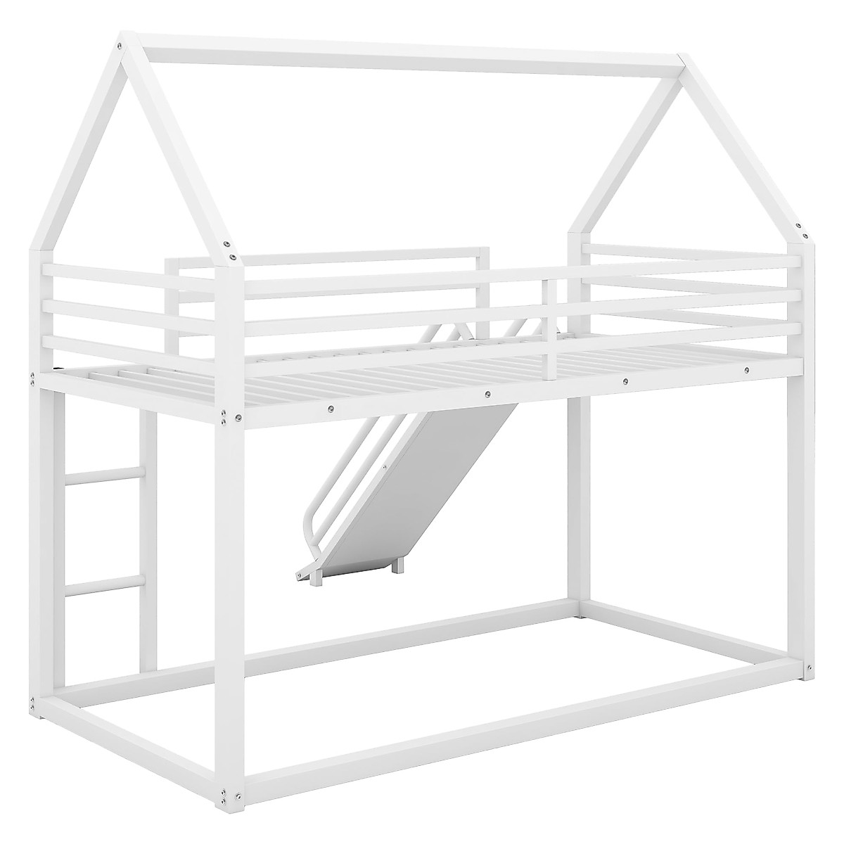PVWIIK Twin Over Twin Metal Bunk Bed with Slide and Roof Design for Kids,Girls, Boys,House Shaped Bunk Bed Frame,No Box Spring Required,White