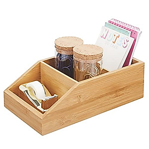 mDesign Bamboo Wood Food Storage Bin with Divided 3 Compartments and Sloped Front for Kitchen Cabinet, Pantry, Shelf to Organize Seasoning Packets, Powder Mixes, Spices, Snacks - 4 Pack - Natural