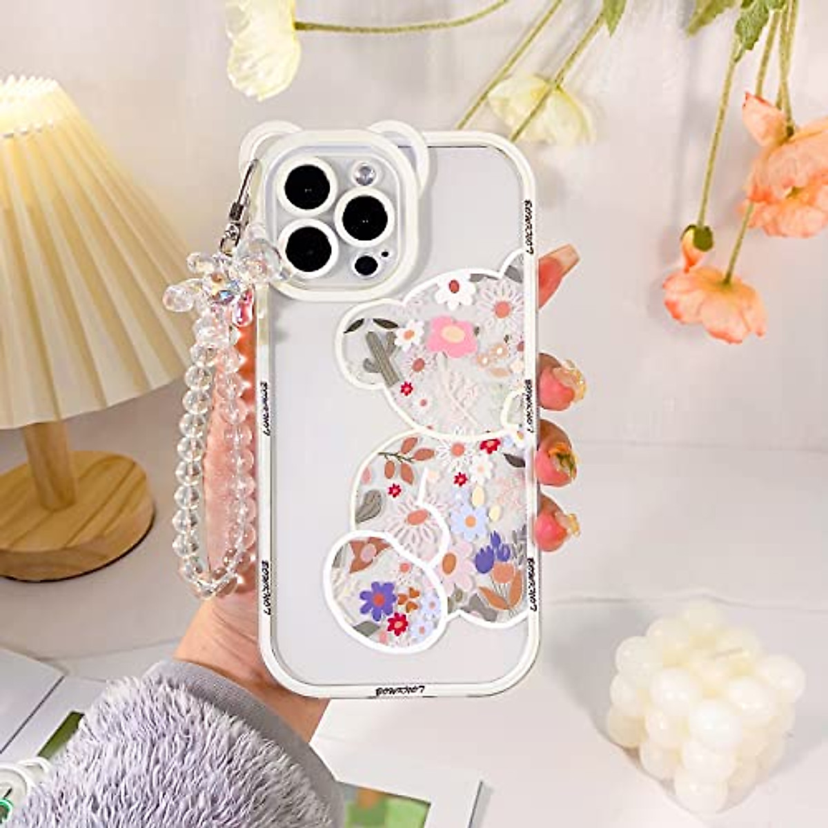 NITITOP Compatible for iPhone 13 Pro Max Case Clear Cute Flower Floral Bear for Girls Women Pattern with Bear Ears Soft TPU Shockproof Protective Girly Cover-Bear