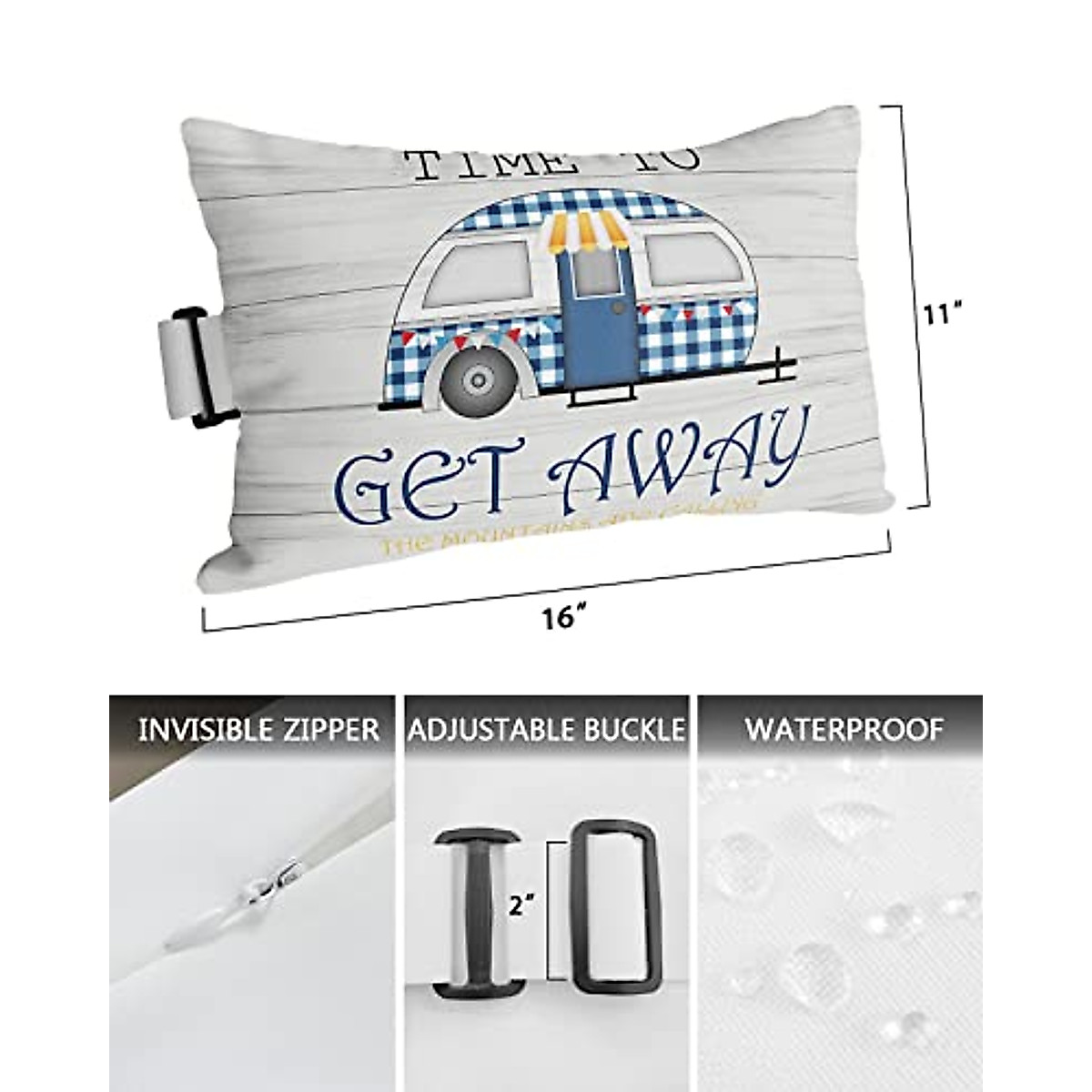 Recliner Head Pillow Ledge Loungers Chair Pillows with Insert Cute Blue Camper Summer Travel Rustic Wood Grain Lumbar Pillow with Adjustable Strap Outdoor Waterproof Patio Pillows, 2 PCS