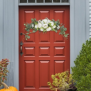 HiiARug Artificial Peony Flower Swag, 31 Inch Decorative Swag with Peonies Hydrangeas Eucalyptus Leaves for Home Room Garden Lintel Wedding Arch Party Decor (White, 31")