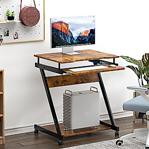 sogesfurniture Retro Computer Desk, Small Mobile Workstation with Keyboard Tray, Printer Shelf & Storage, 23.6x18.9x28.7 inches, Engineered Wood, for Home and Office