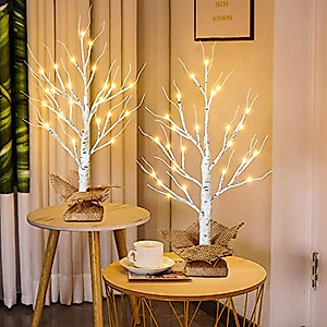 Lighted Birch Tree, 2pcs 24”H Tabletop Tree Light with Burlap Decor, Pre-Lit 24 LED Warm White Lights, Timer Function, Money Tree Perfect for Spring Home Centerpiece Decor, Indoor&Outdoor Use