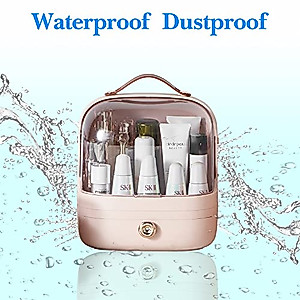 MIUOPUR Large Makeup Organizer with Brush Holder, Cosmetic Display Case with Drawer, Waterproof and Dustproof Transparent Cover, Portable Handle, Suitable for Bathroom and Bedroom -Pink