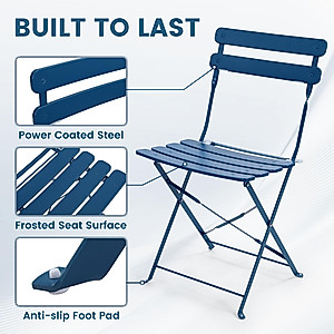 Kromax Outdoor Patio Bistro Set, Folding Bistro Table and Chairs Set, 3 Piece Folding Patio Furniture Set, Space Saving, Blue