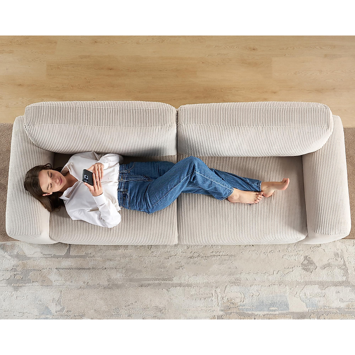 AMERLIFE Sofa, 89 inch Oversized Couch with Thick Armrest, Comfy Sofa Couch for Living Room-3 Seater Sofa in White Corduroy