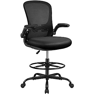Devoko Drafting Tall Flip-up Armrests Office Desk Ergonomic Mesh Chair Lumbar Support with Adjustable Height, Black