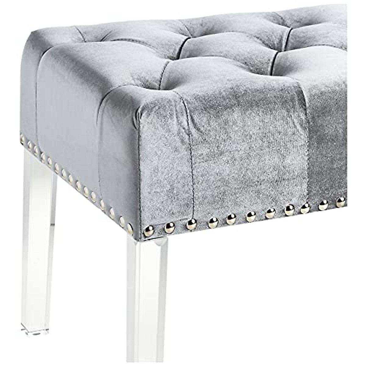 Roundhill Furniture Valley Button Tufted Velvet Upholstered Bench with Acrylic Leg, Grey